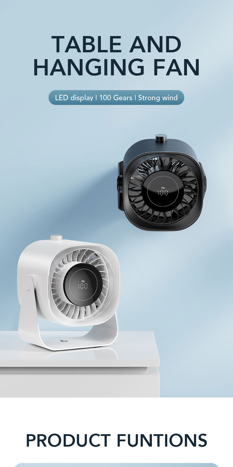 Jiditech 5000mAh High Speed Desk Fan Rechargeable Fan 100 Gears Strong ...