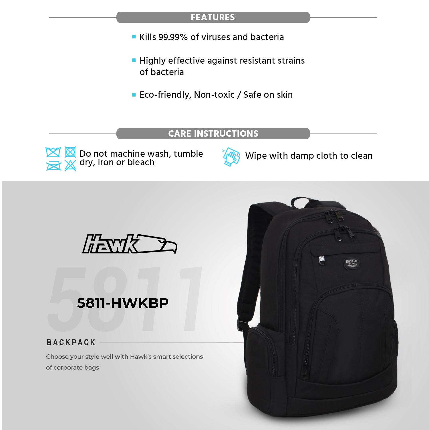 Hawk 5811 Corporate Backpack with VIRUPRO Anti-Microbial Protection ...