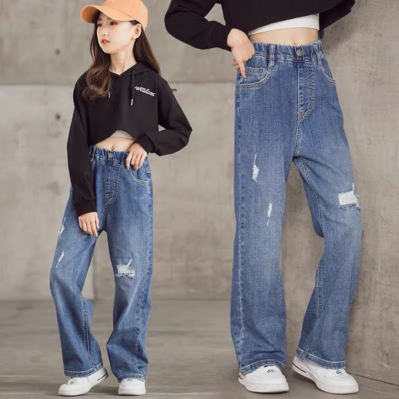 Jeans for Kids Girls Loose Straight Ripped Wide Leg Denim Pants Girls ...