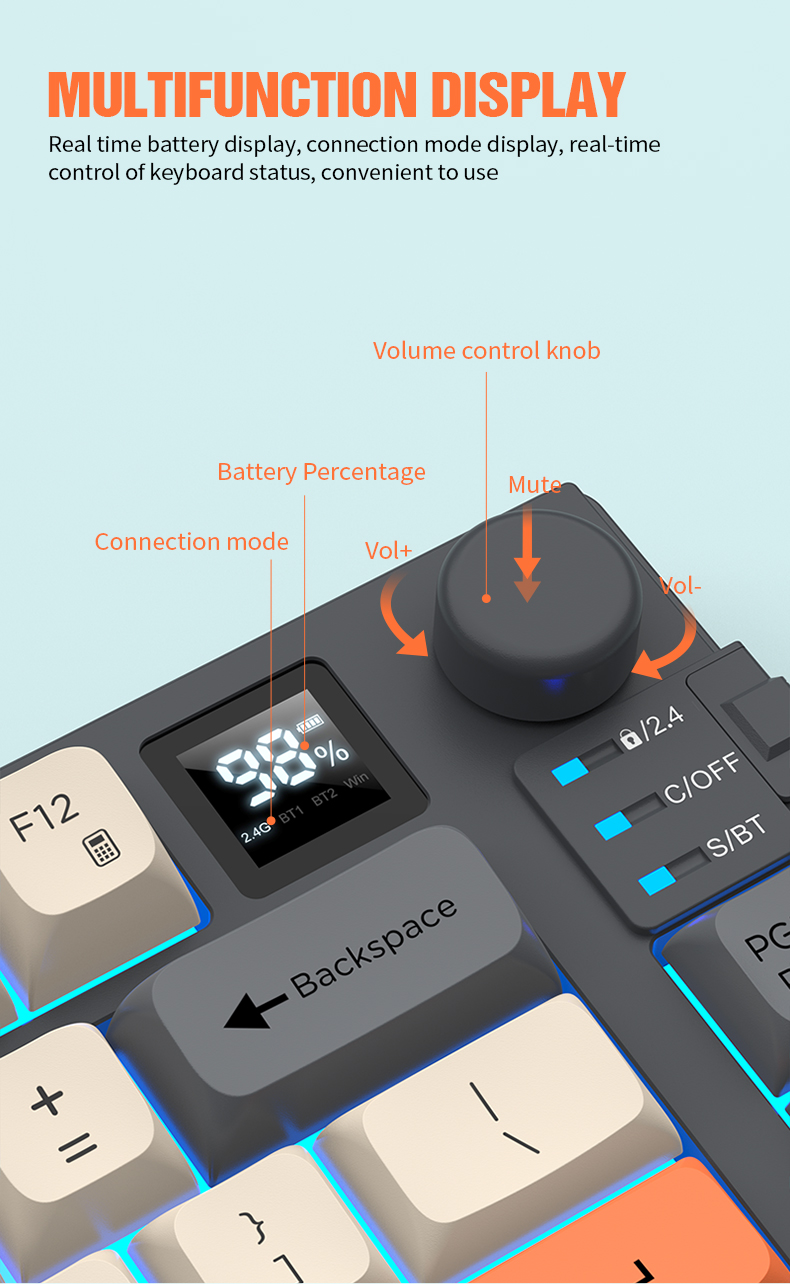 K920 81-Keys 2.4G+5.4 Bluetooth screen wireless Gaming keyboard and mouse set /mechanical ...