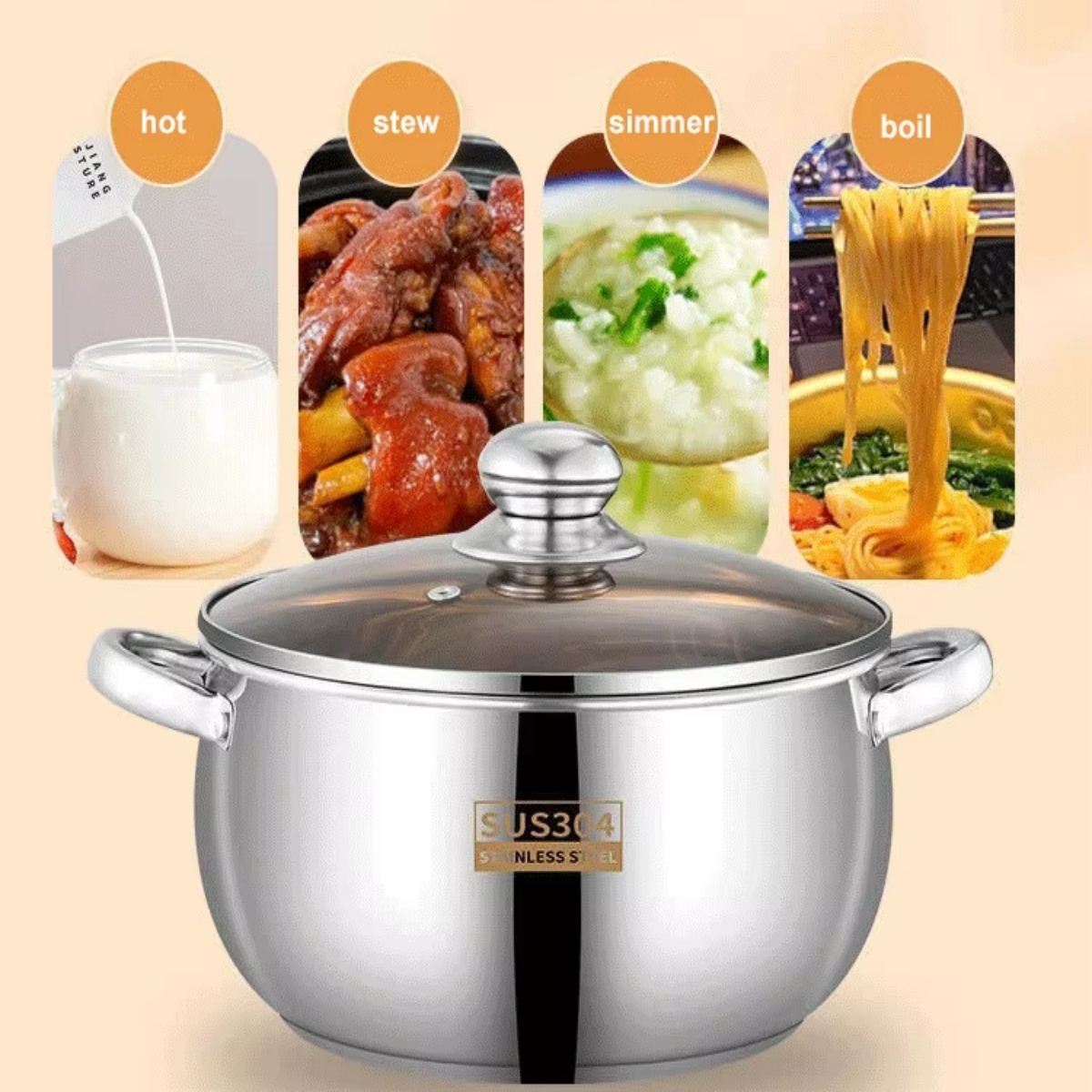 Stew Pots Stainless Steel casserole Double handle & bottom arc pot ...