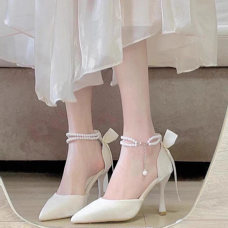 2.98 Inch Wedding Heels Women's Pearl Lace Strap Pointed Toe High Heels ...