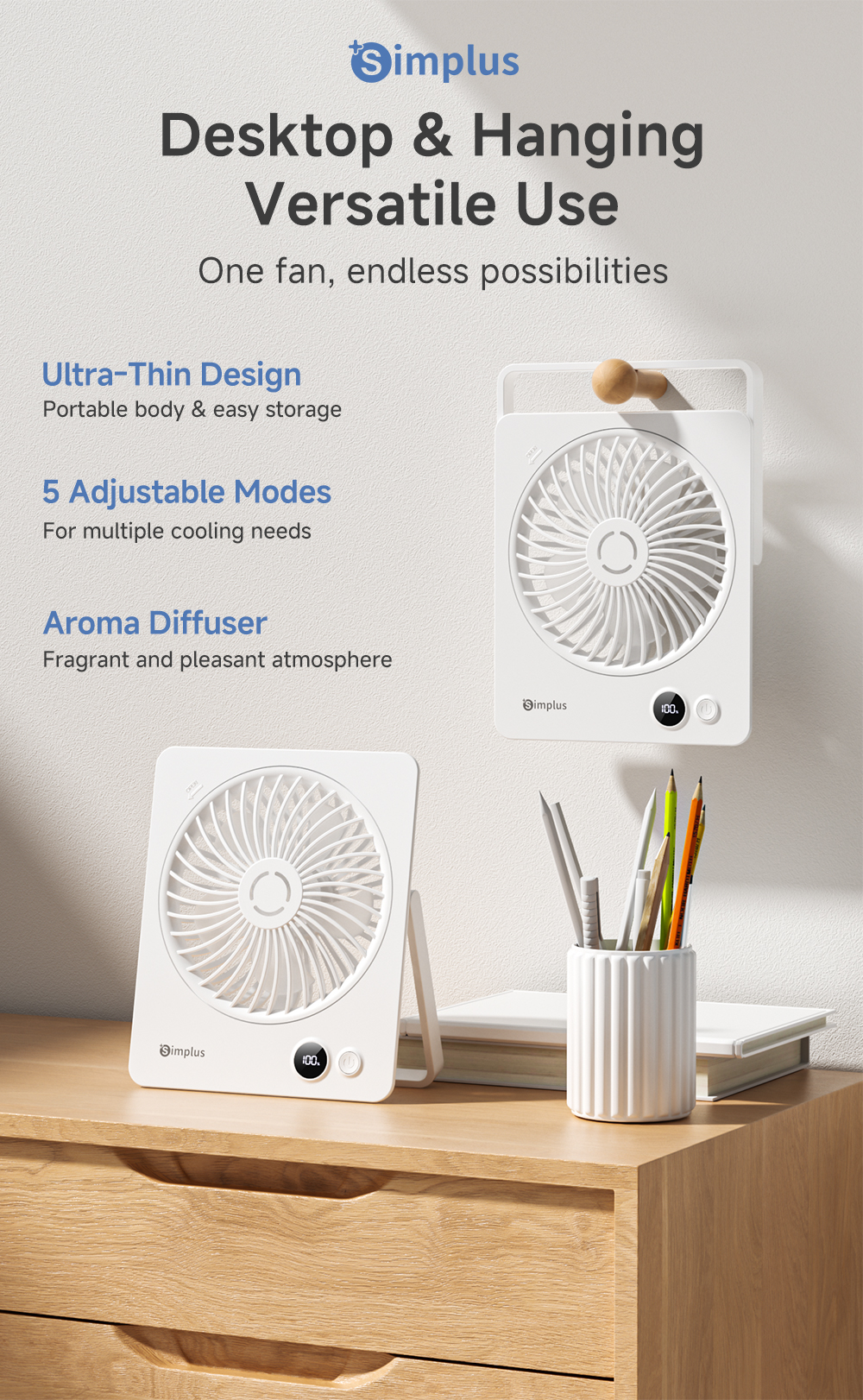 Simplus Desktop Portable Fan 180° Swivel Stand Type-C Rechargeable With ...