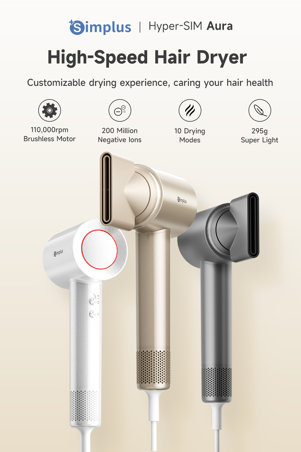 Simplus High Speed Hair Blower Dryer With 200 Million Negative Ions ...