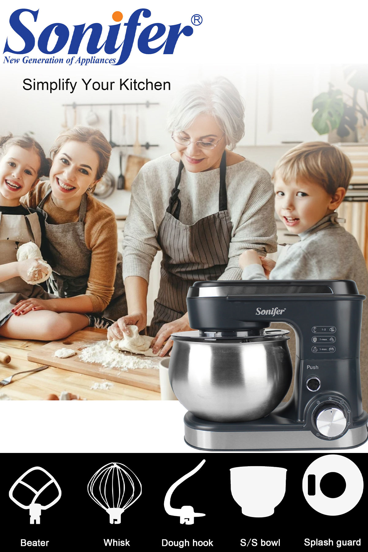Sonifer Stand Mixer Multi-function Mixer 1200W 5L Food Mixer 304 ...