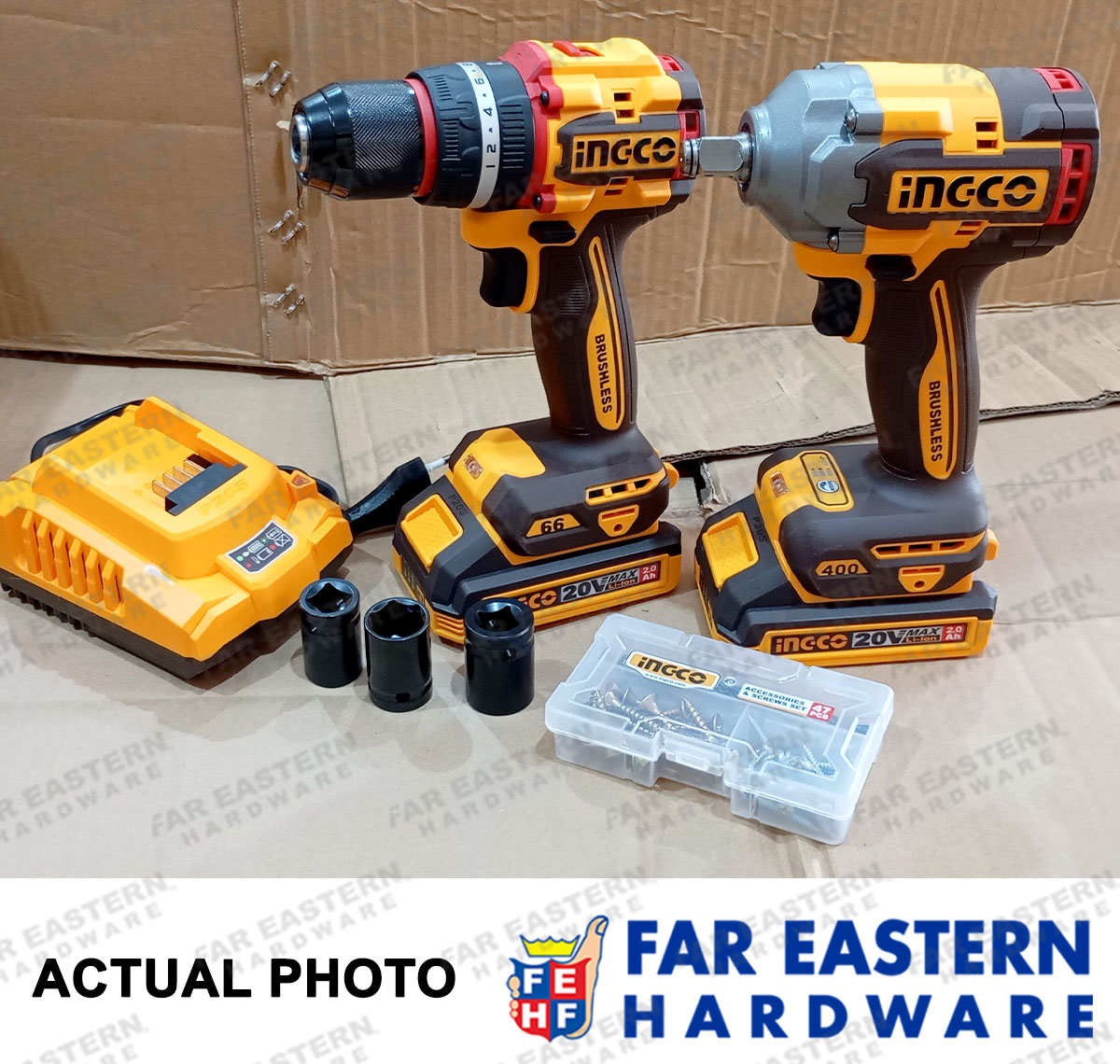INGCO COMBO KIT Cordless Brushless Impact Drill 13mm | Wrench 1/2" 20V ...