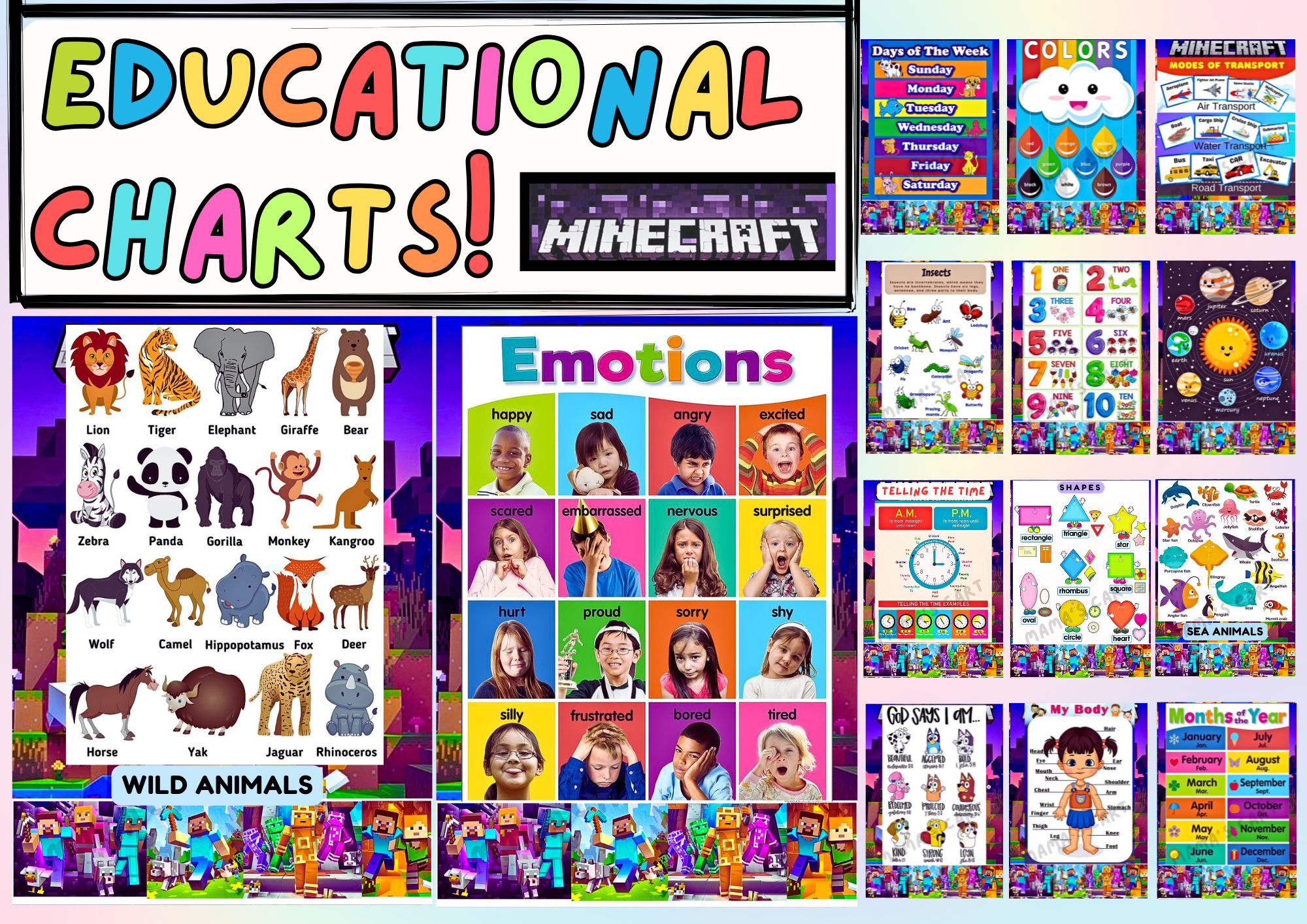 MINECRAFT EDUCATIONAL CHARTS A4 SIZE LAMINATED FOR KIDS ALPHABET ...