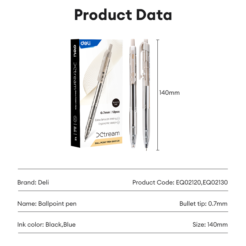 Deli Writing Pen 0.7mm Ballpoint Pen 1mm Ball Pen Black Blue EQ02120 ...