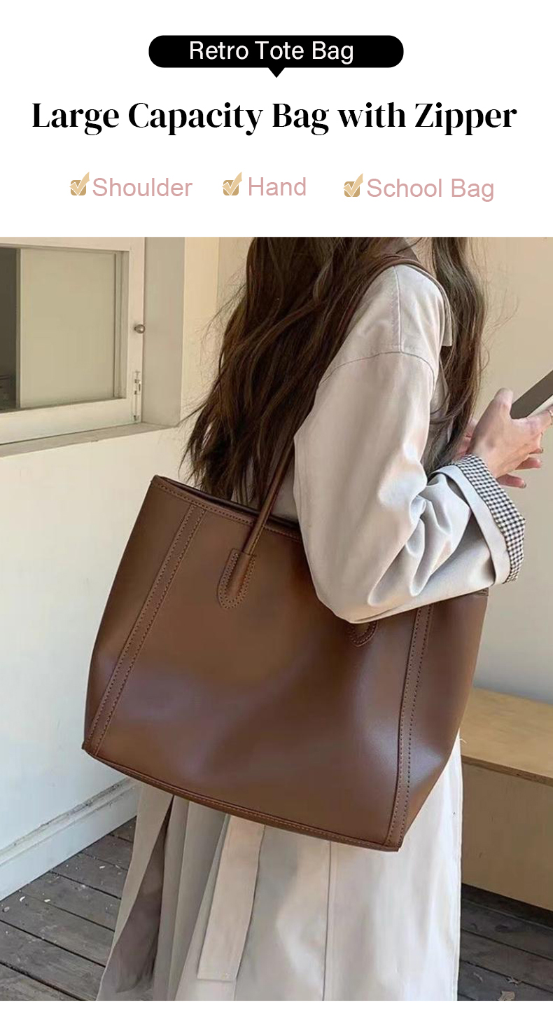 Elegant Tote Bag Zipper Big Shoulder 14 Inch Laptop Bag Leather Lady ...