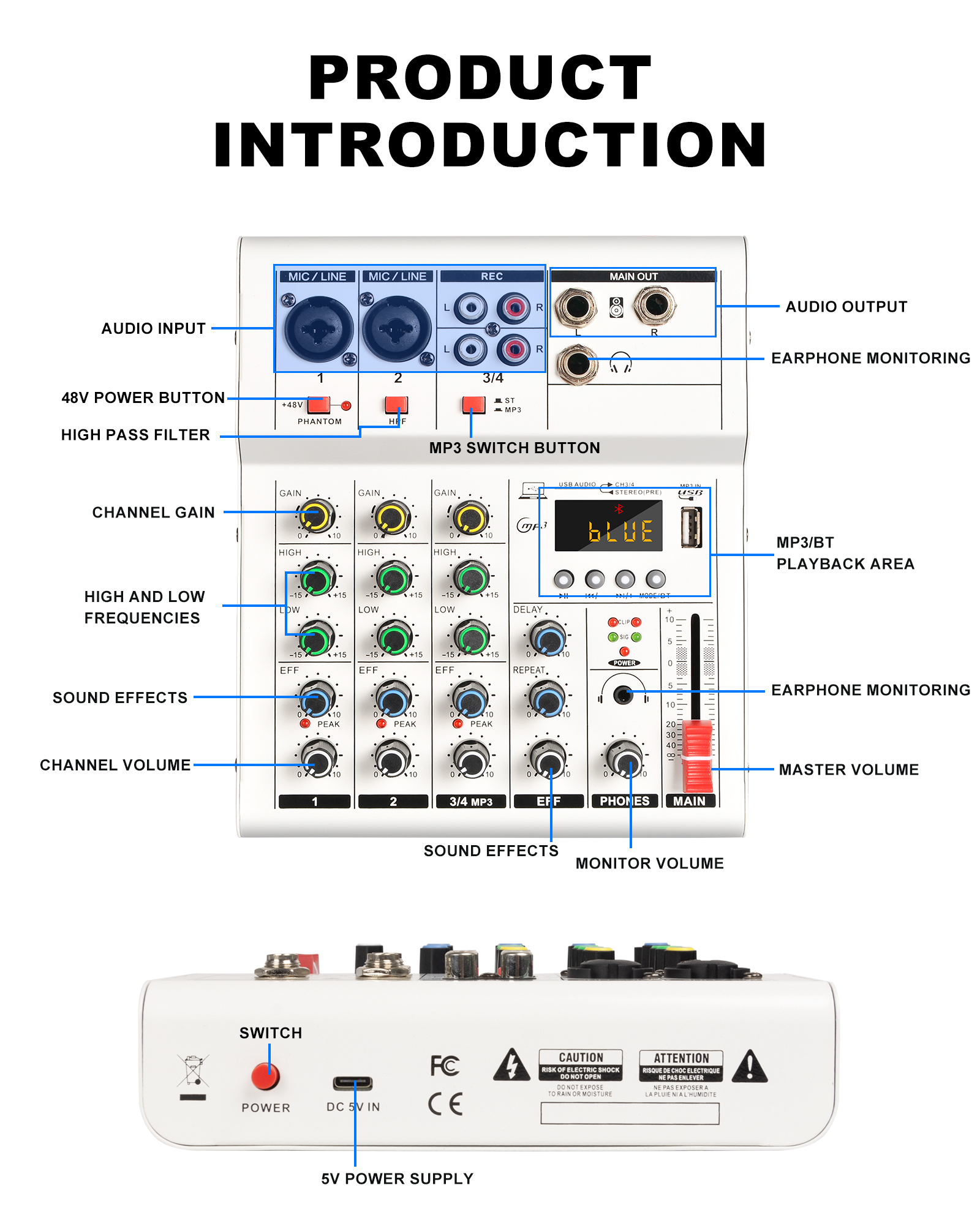 4-Channel Audio mixer Studio-Grade DJ Mixer Device Bluetooth Compatible ...