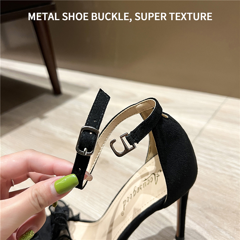 Open toed straight buckle sandals for women, black lace slim heeled ...