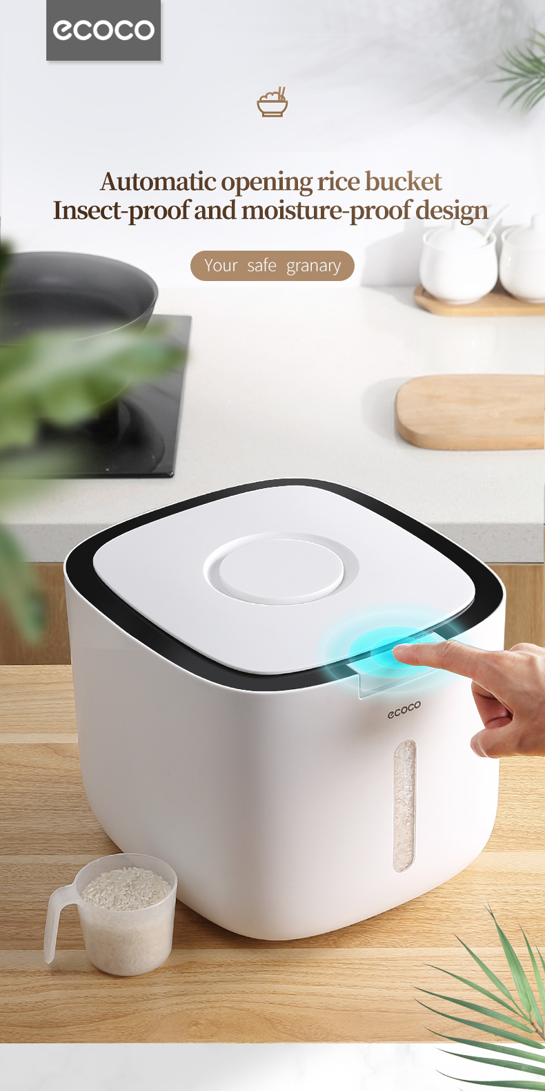 Ecoco Rice Dispenser Sealed Rice Storage Bucket with Measuring Cup ...