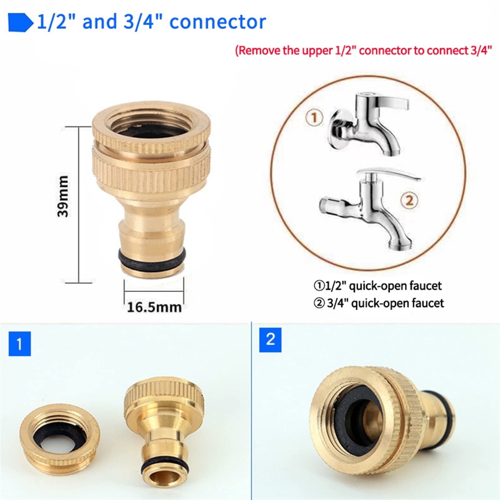 1/2 & 3/4 Inch Brass Thread Connector Faucet and Hose Connector Hose to ...