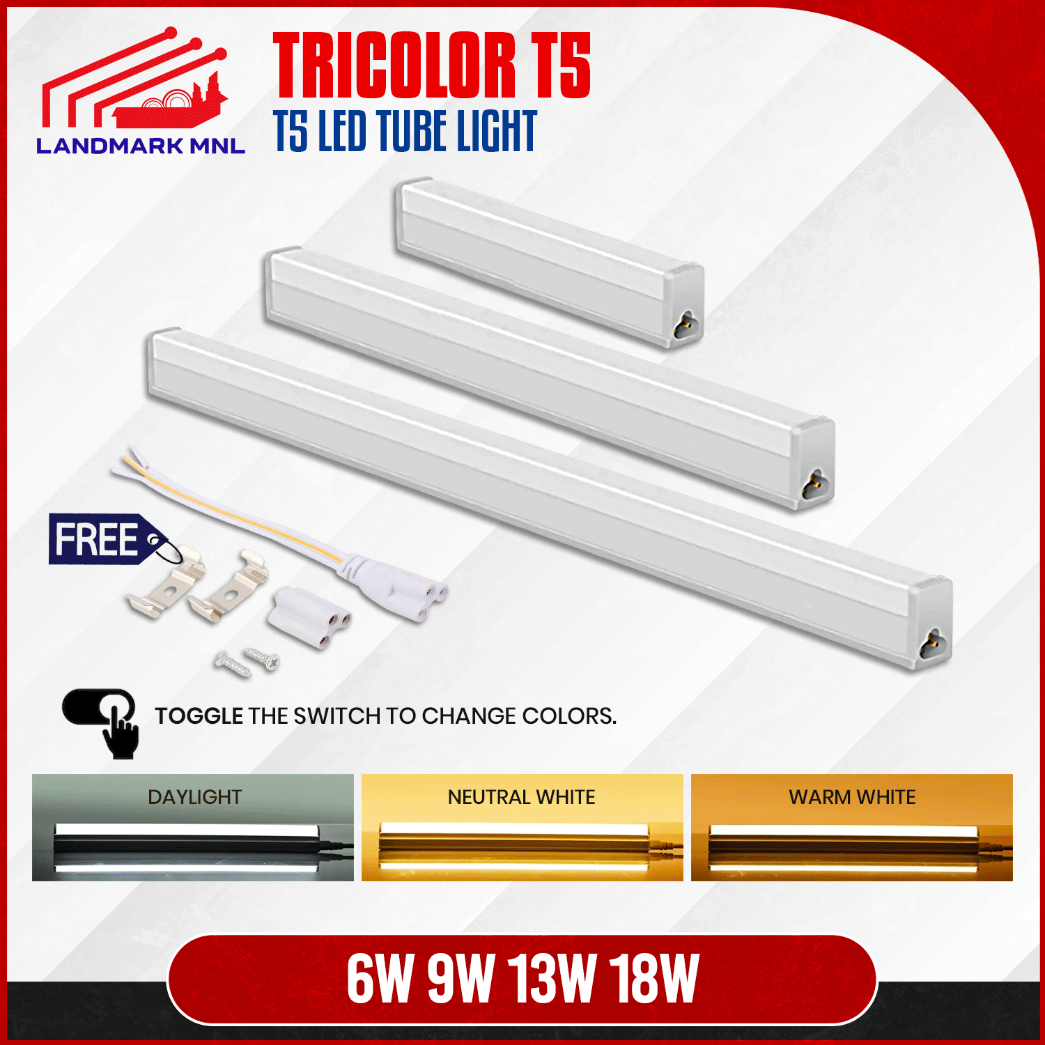 Tricolor T5 LED Tube Light 6W / 9W / 13W / 18W - Easy Switch Control ...