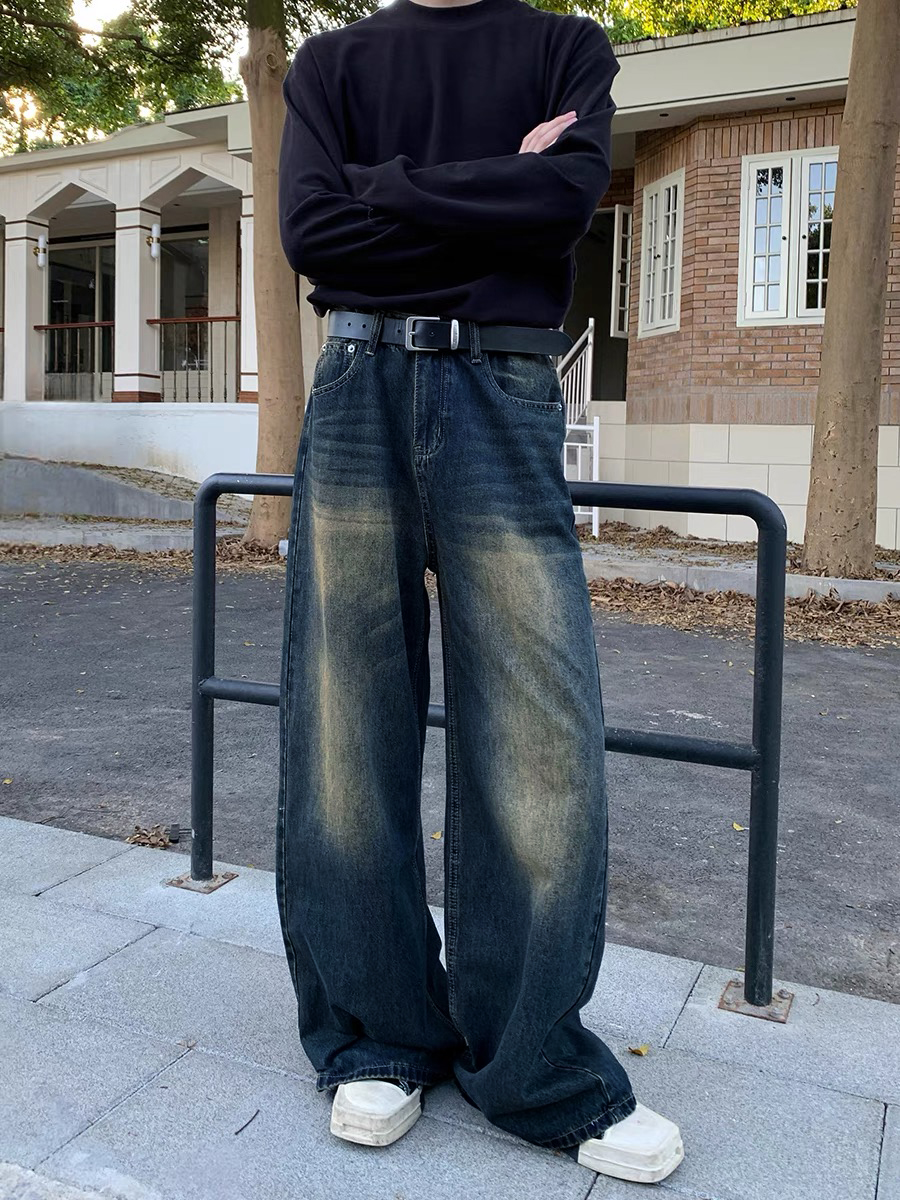 Men's Retro Washed Jeans Baggy Denim Maong Pants Straight Wide Leg ...