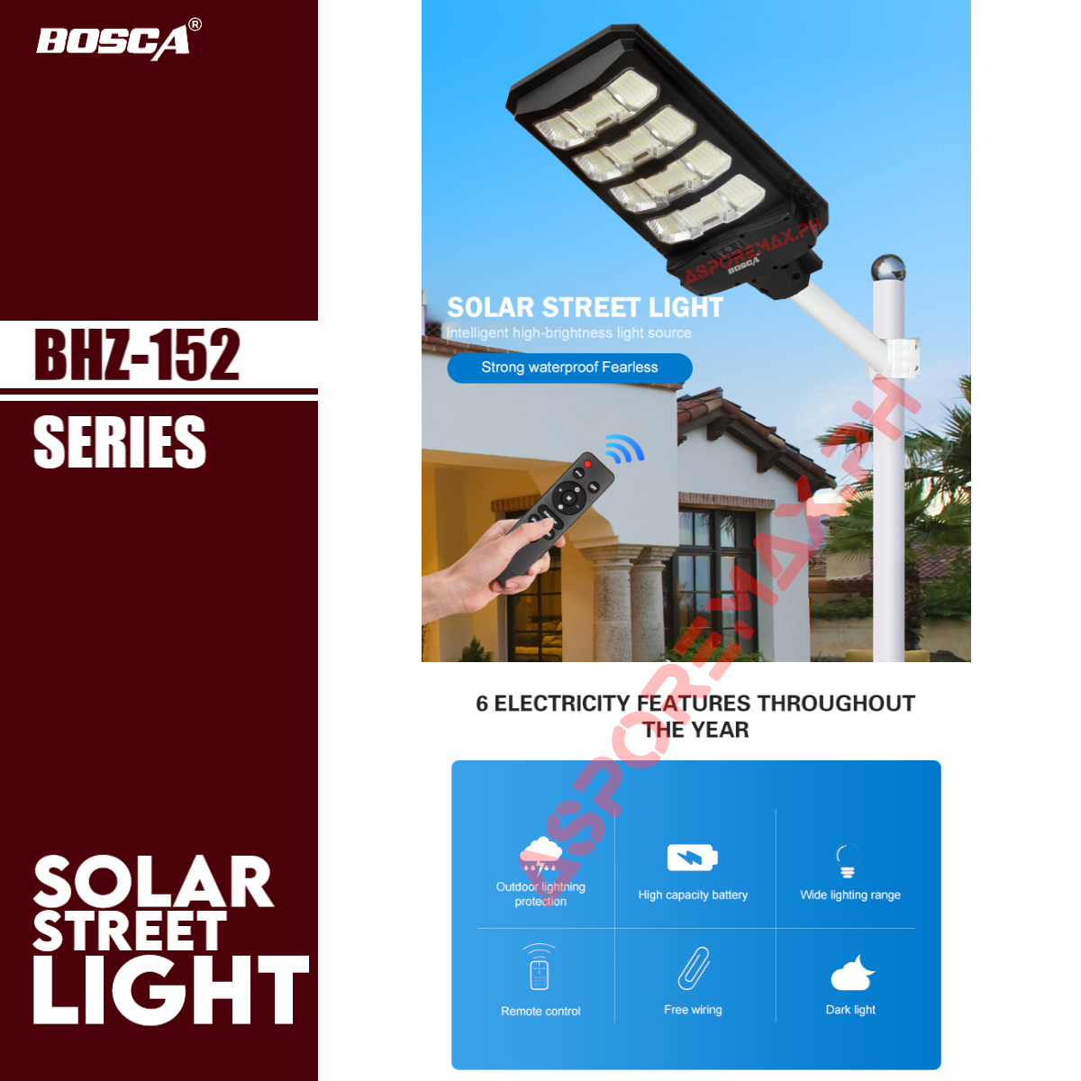 BOSCA Solar Street Light 1200W 1500W & 1800W BHZ-152 Outdoor Light ...
