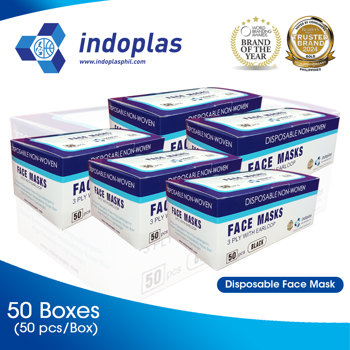 Indoplas Disposable Face Mask 3-Ply Earloop- Black - 5 boxes (250 pcs ...