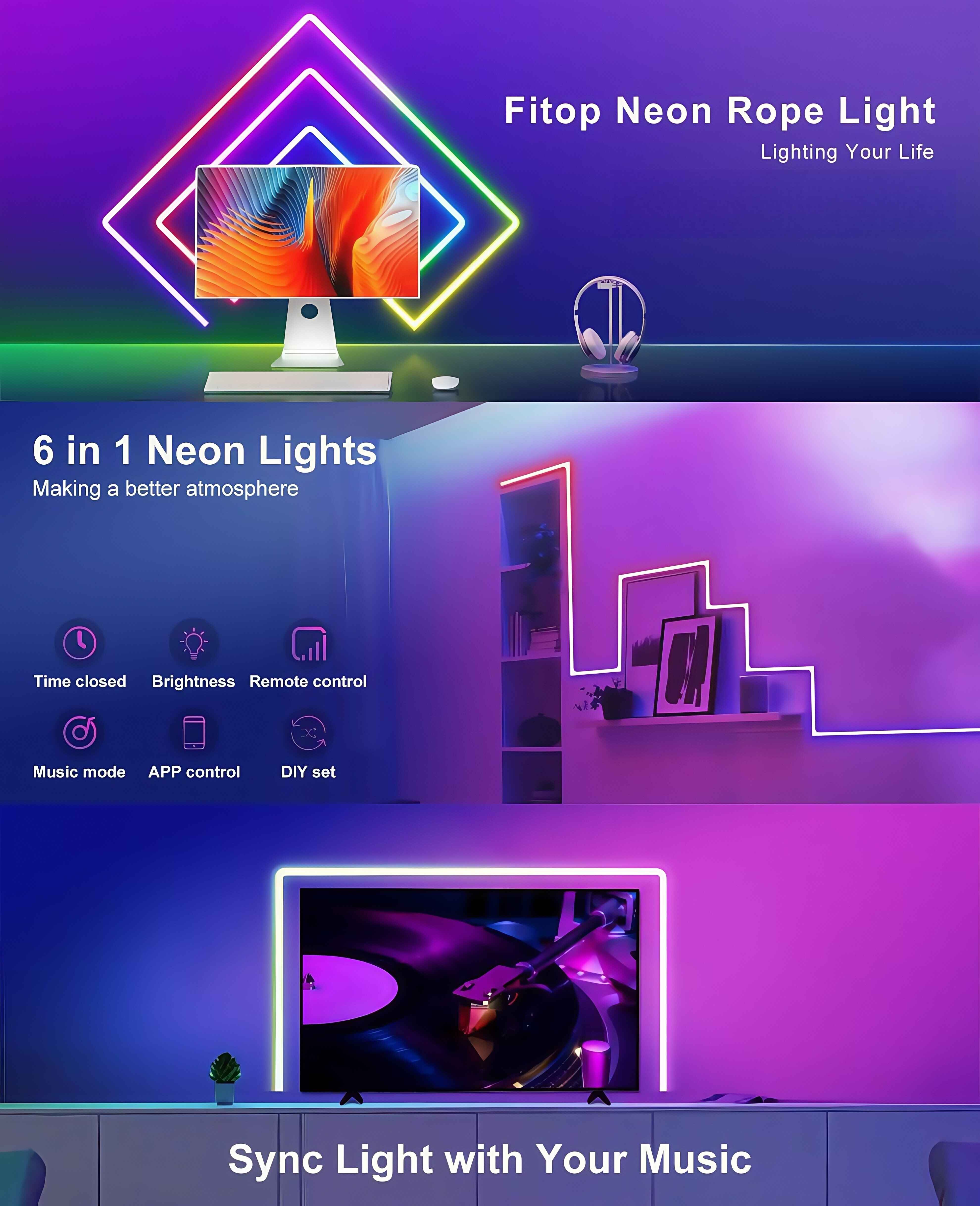 RGB Neon Light Strip APP Waterproof Music Sync Mode for Bedroom Room ...
