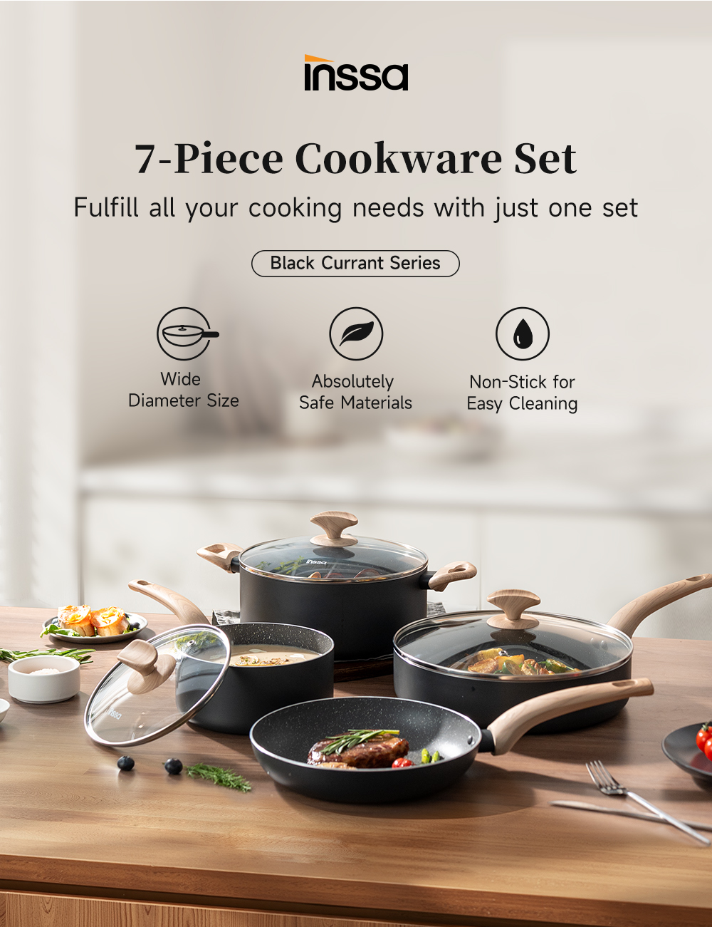 INSSA Blackcurrant Series Non Stick Cookware 4pcs Set Pan Pot Wok ...