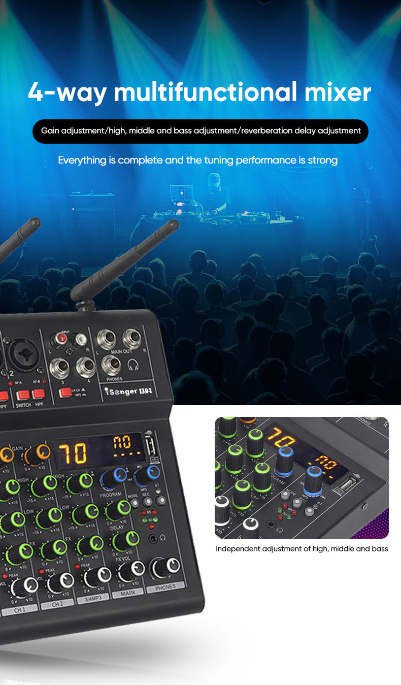 Professional audio mixer, wireless dual microphone USB 48V mixer, 4 ...