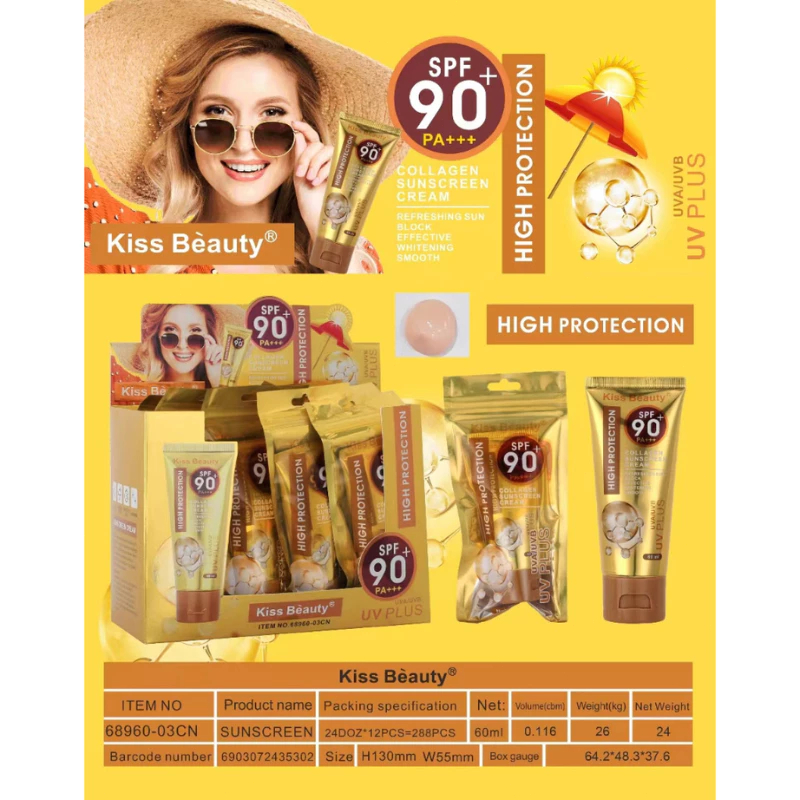 Kiss Beauty Sunscreen Cream SPF90 PA+++ 60ml uv plus high protection skintone cream new collagen ...