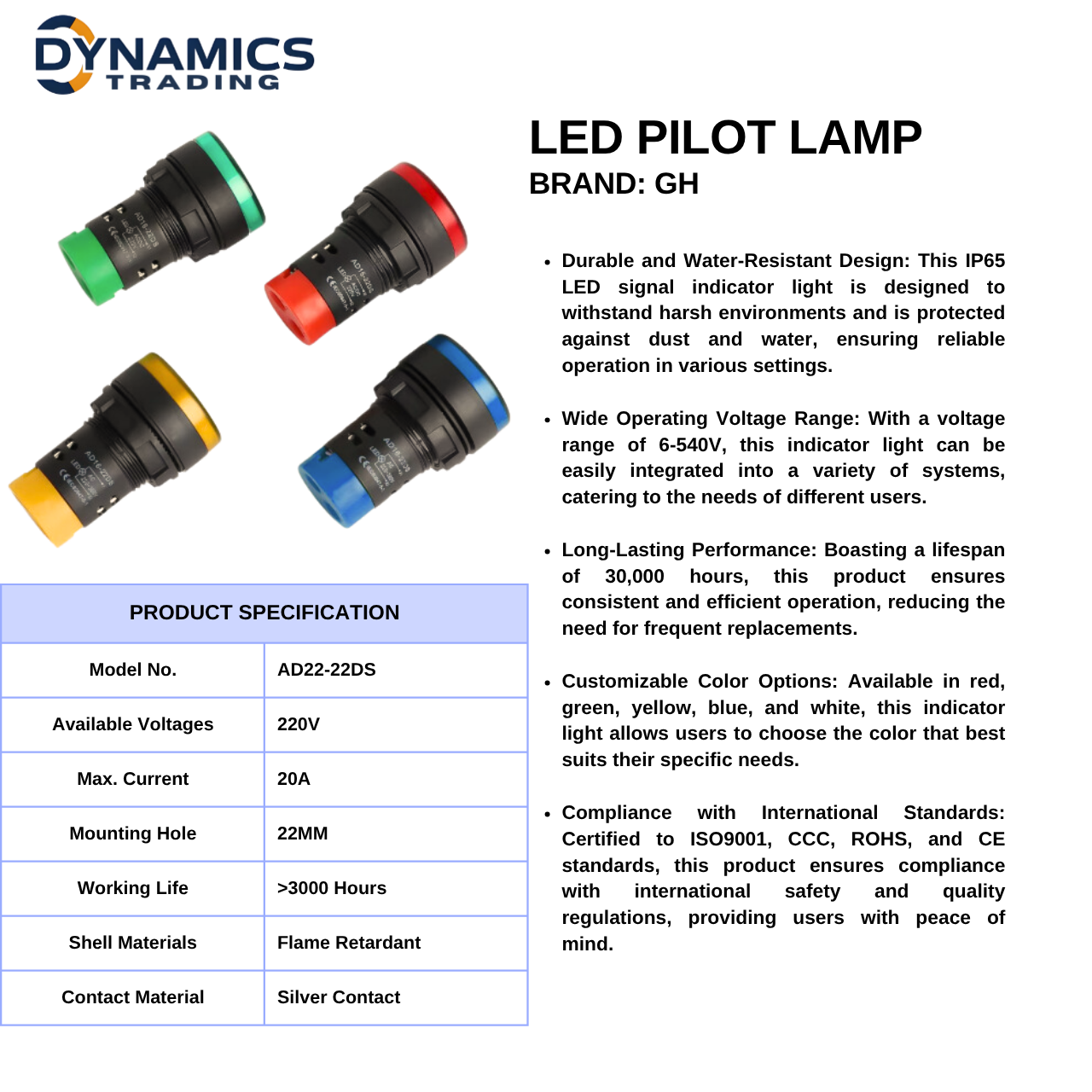 Pilot Light Indicator Lamp Brand: GH Mounting: 22MM 220V LED – Red ...