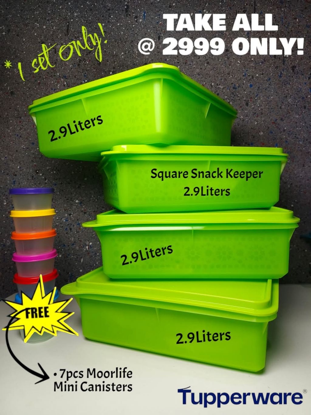 4pcs Tupperware Mosaic Snack Keepers 2.9L FREE 7pcs Moorlife Mini ...