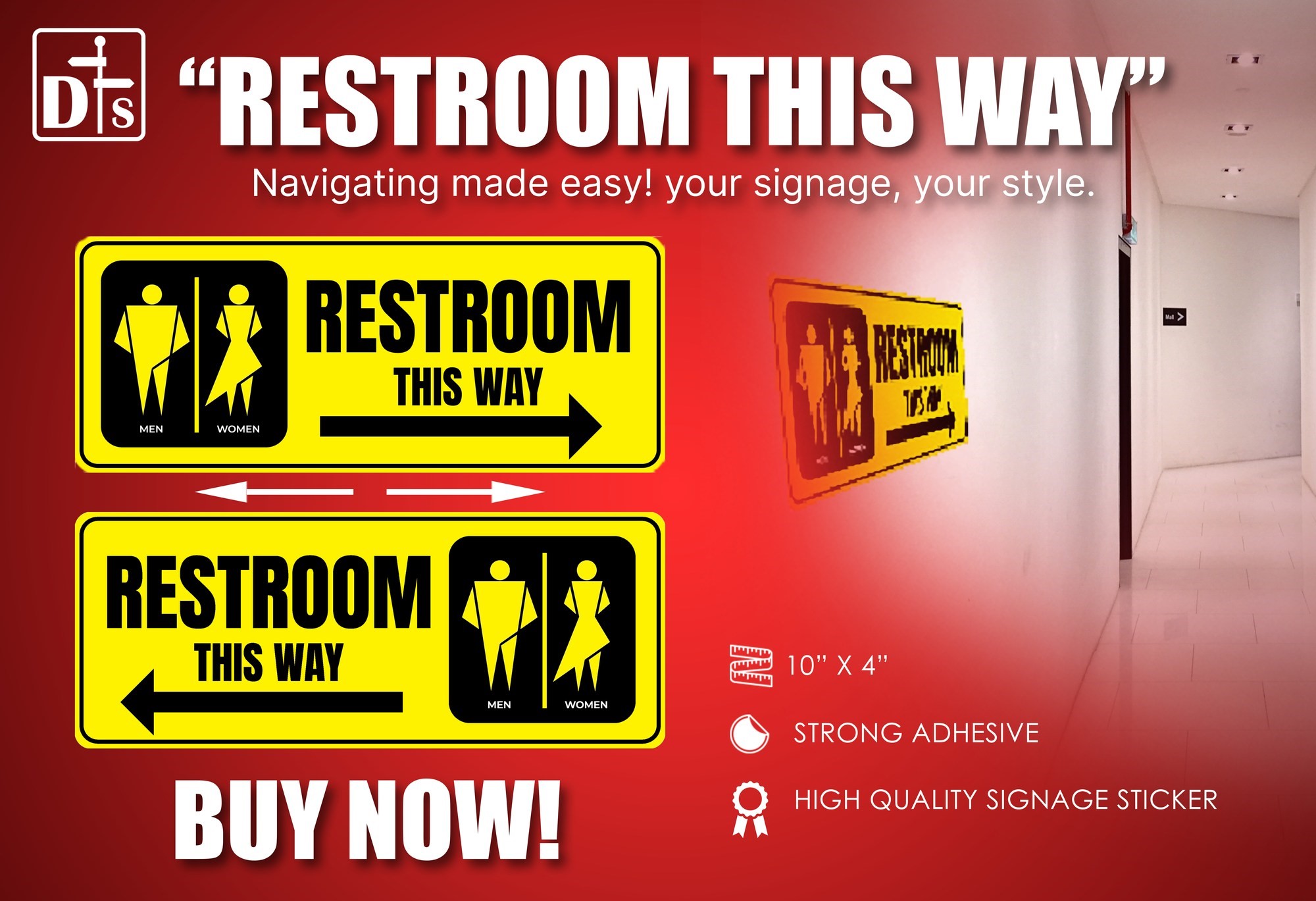 Dsign Restroom This Way Left and Right Signage Sticker 4 x 10" Inches ...