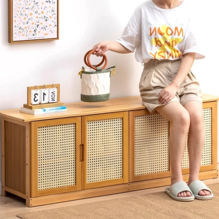 Bamboo Shoe Cabinet 2/3/4Doors Wooden Rattan Shoe Rack Cabinet Stool TV ...