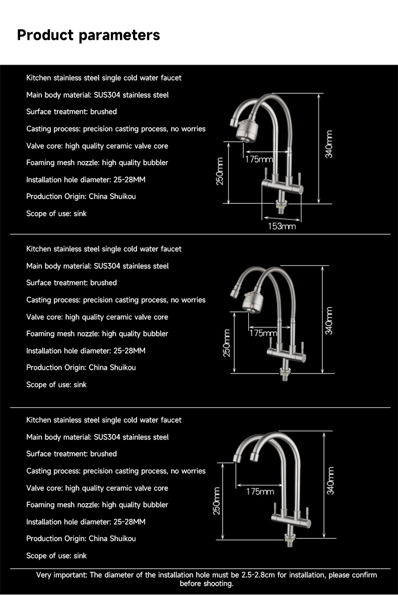 Aurora Gripo Stainless Faucet For Kitchen Sink Single Cold Water Double ...