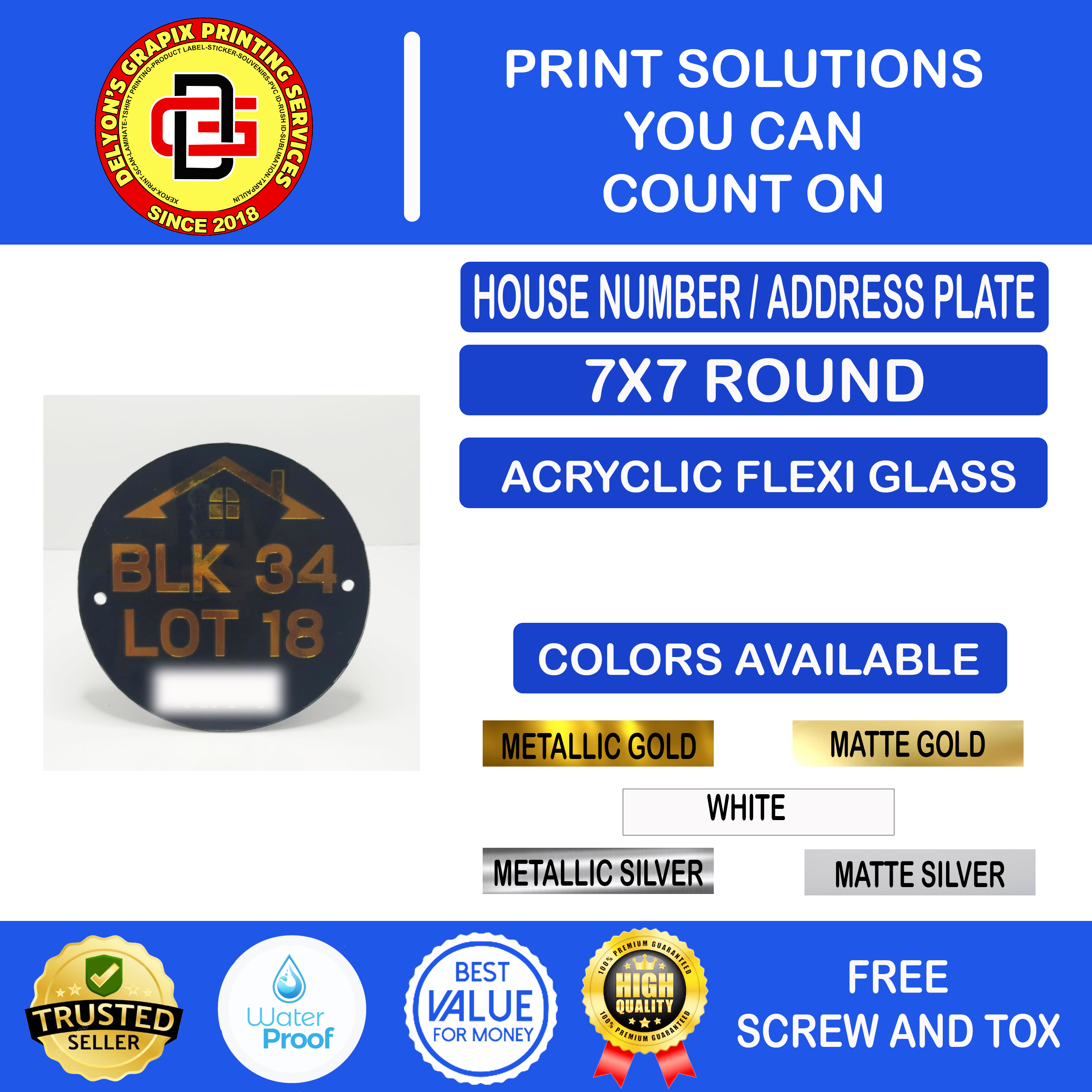 ROUND HOUSE NUMBER ADDRESS PLATE ACRYLIC 7X7 INCHES WITH FREE SCREW AND ...