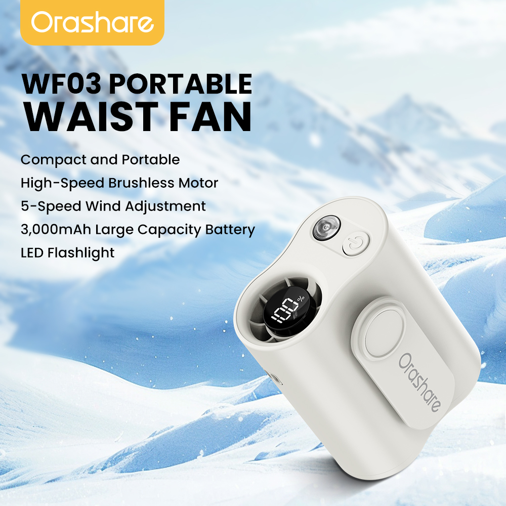 Orashare WF03 3000mAh Rechargeable Waist Fan 5-Speed Strong Wind Portable LED Light Hands-Free ...