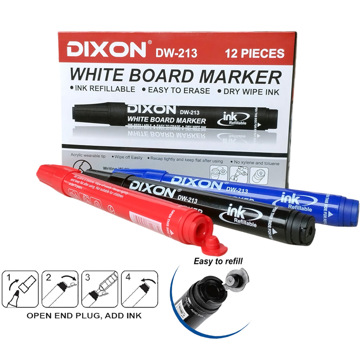 Dixon White Board Marker Pen (Ink Refillable) 1 Box, 12 pens | Shopee ...