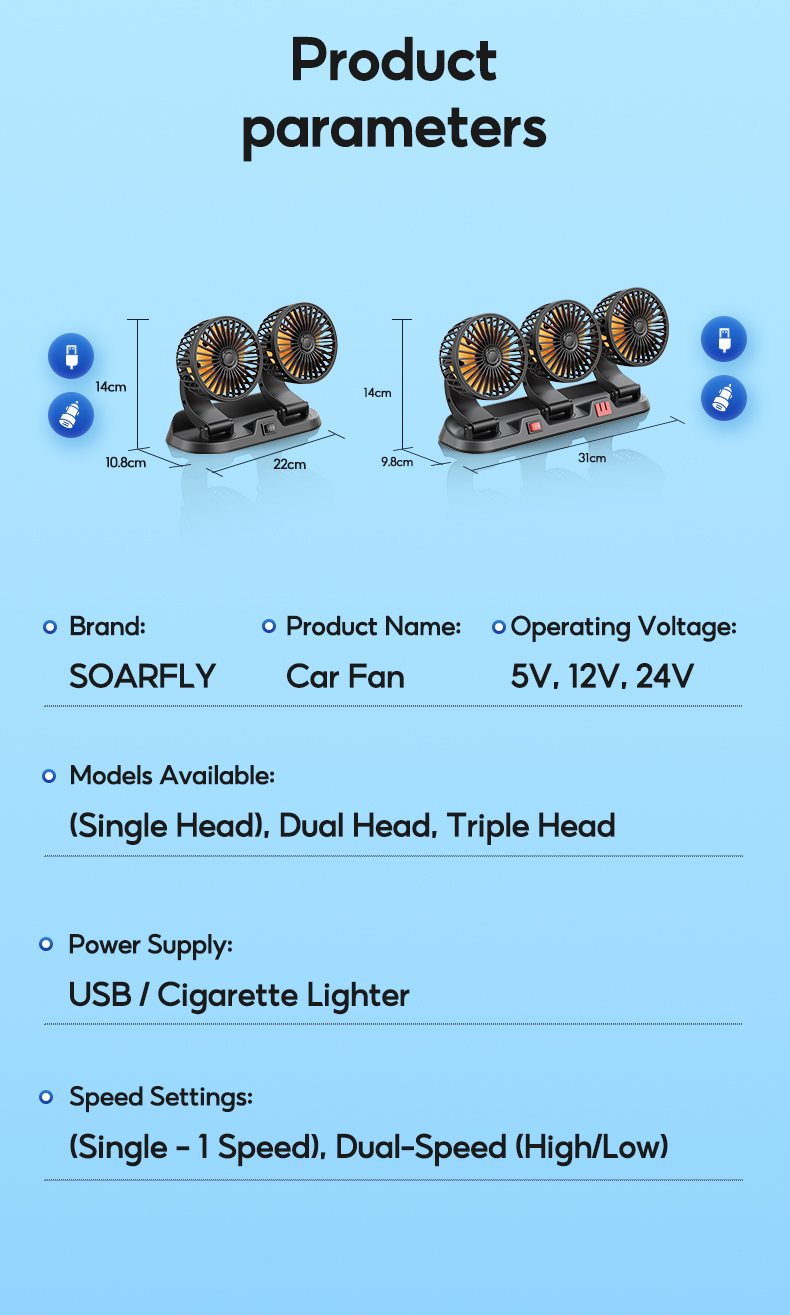 SOARFLY Double-Headed Car Fan 12V/24V Adjustable ABS with Enhanced ...