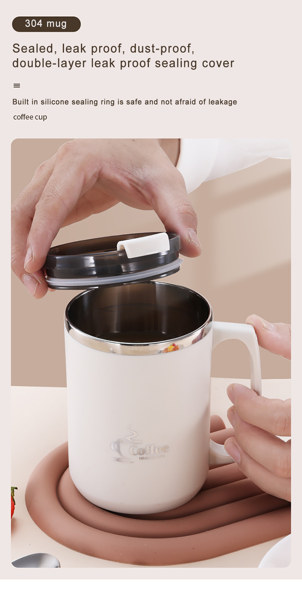 480ml Coffee Mug With Lid And Handle 304 Stainless Steel Double Wall Insulated Vacuum Cup For ...