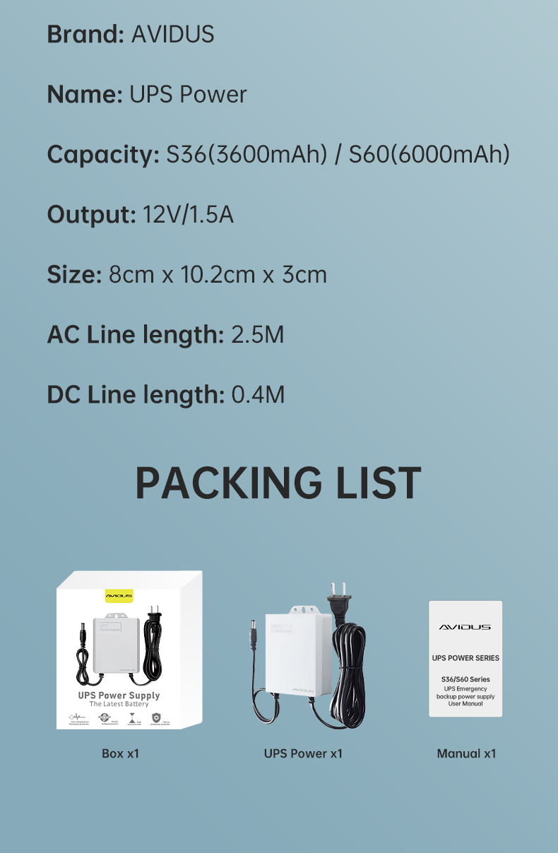 AVIDUS Uninterruptible Power Supply Extension cord 12V 1.5A Mini UPS ...