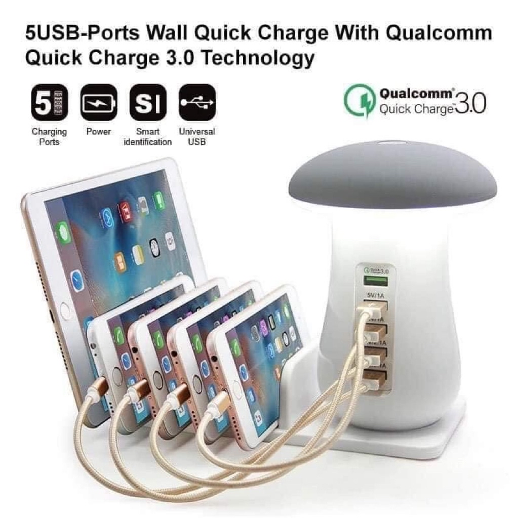 Multi Ports 5 USB Ports Charger HUB With Stand QC 3.0 Mushroom LED Lamp ...