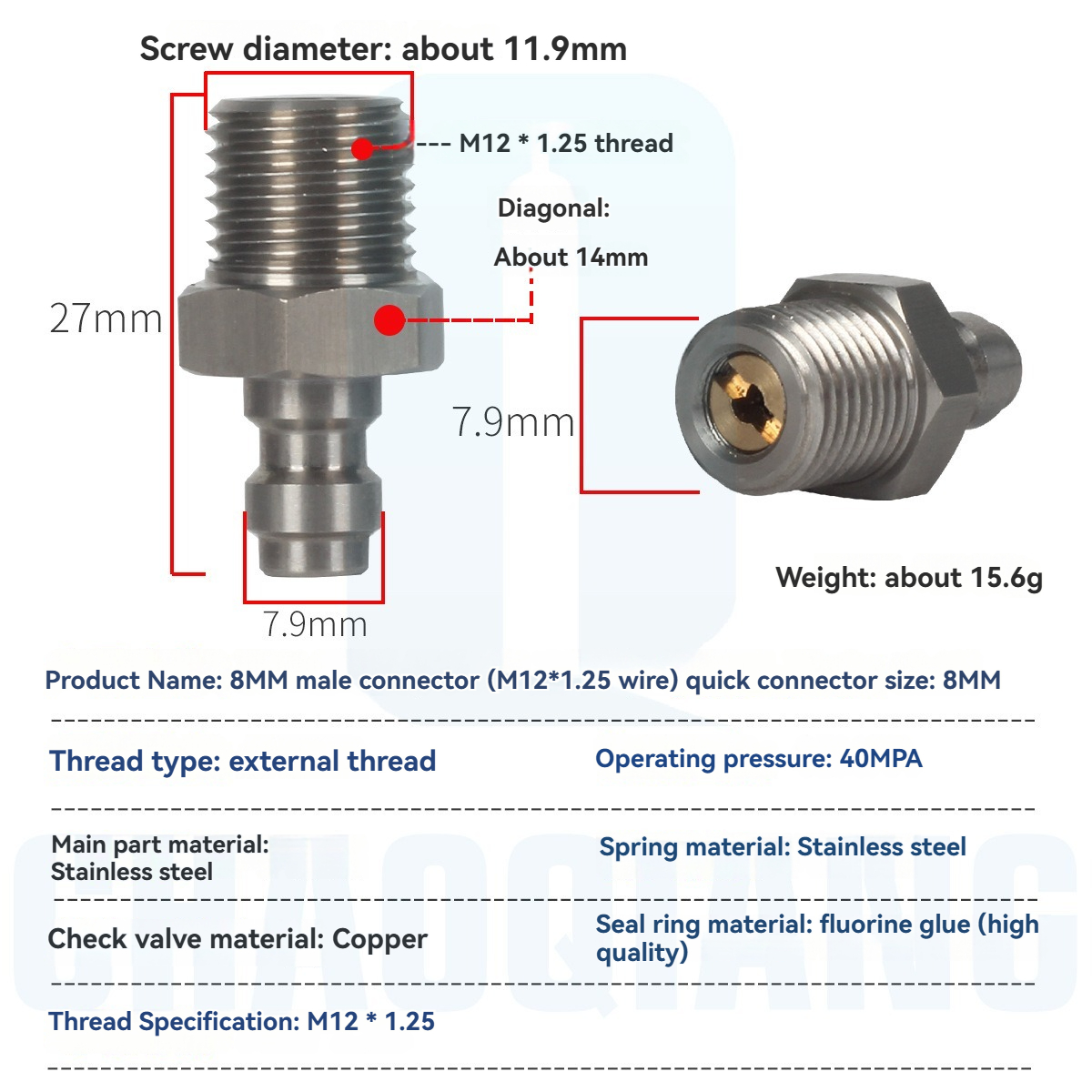 8mm Quick Connect Check Valve Male Thread Connector M12*1.25 gas ...