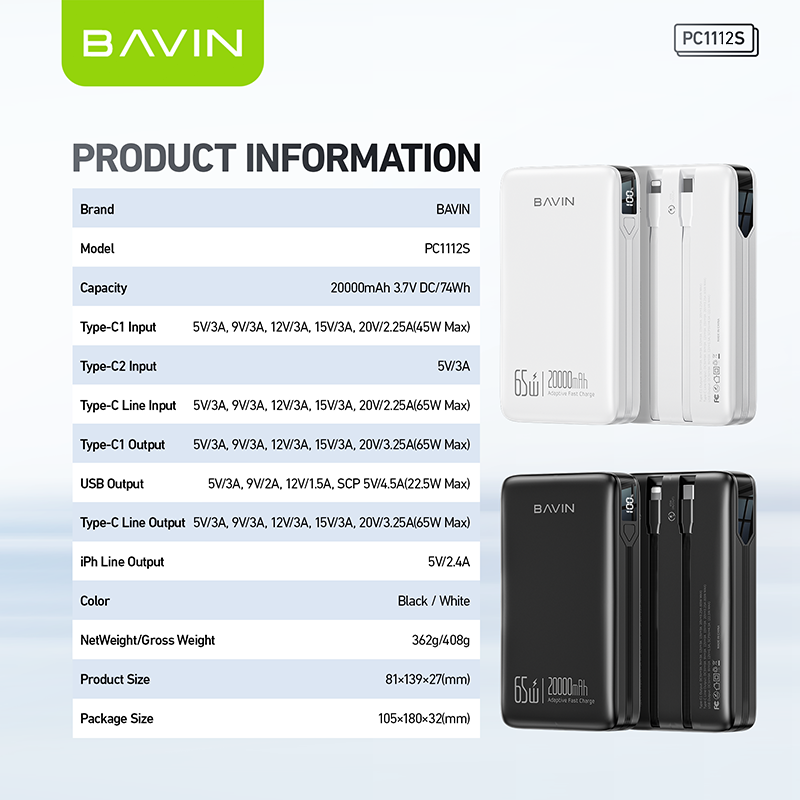 BAVIN PC1112 65W 20000mAh Powerbank w/ iPh & Type-C Cables for Laptop ...