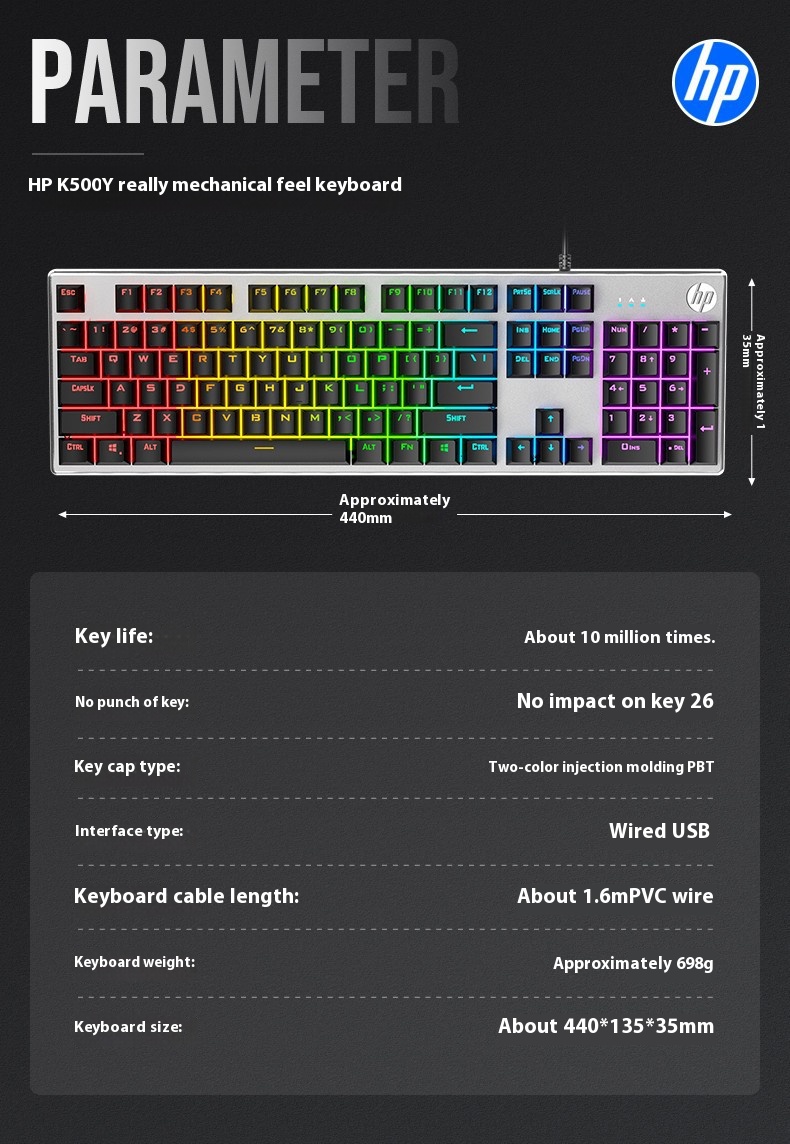 HP K500Y Mechanical Feel Wired Gaming Keyboard Dynamic Light Effect ...