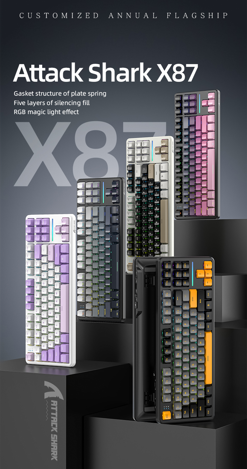 Attackshark X87 3MODE Hot-swap Mechanical Keyboard Gradient Side Engraving RGB Backlit And Side ...
