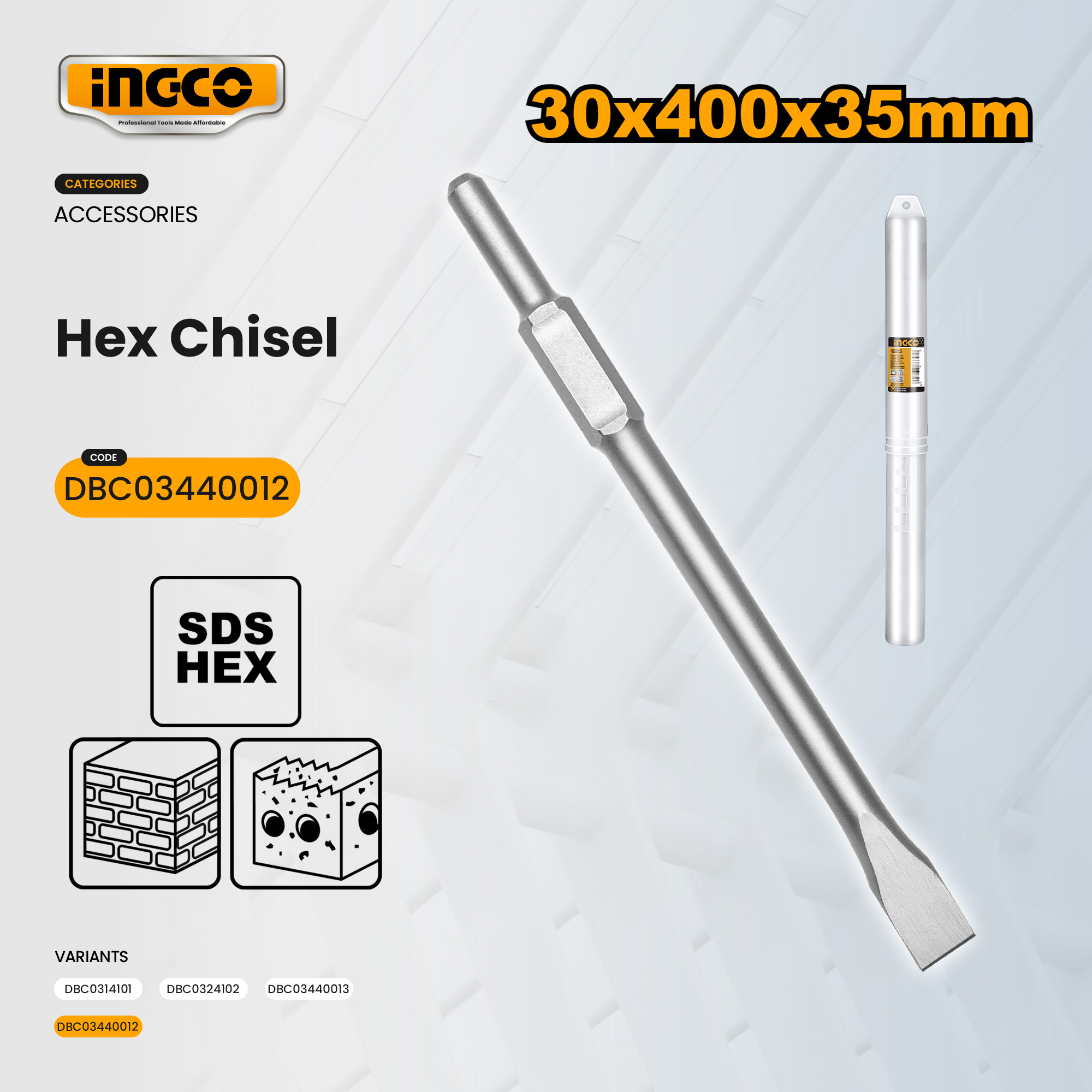 Ingco Sds Hex Chisel Concrete Breaker Demolition Chisel Sold Per Piece ...