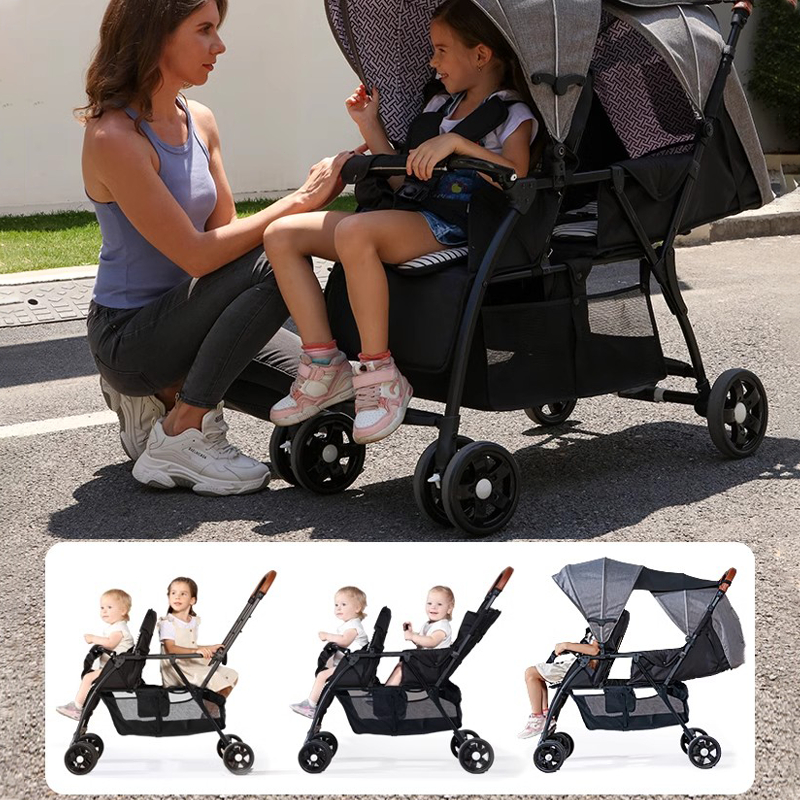 Beige Twin Stroller For Baby Foldable Double Stroller For Toddler 0-8 ...
