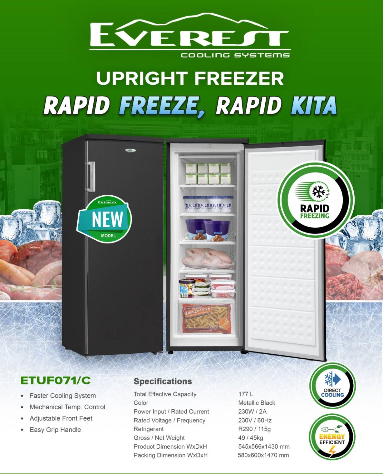 EVEREST 7.1 cu.ft Upright Freezer/ Direct Cooling/ Adjustable Front ...