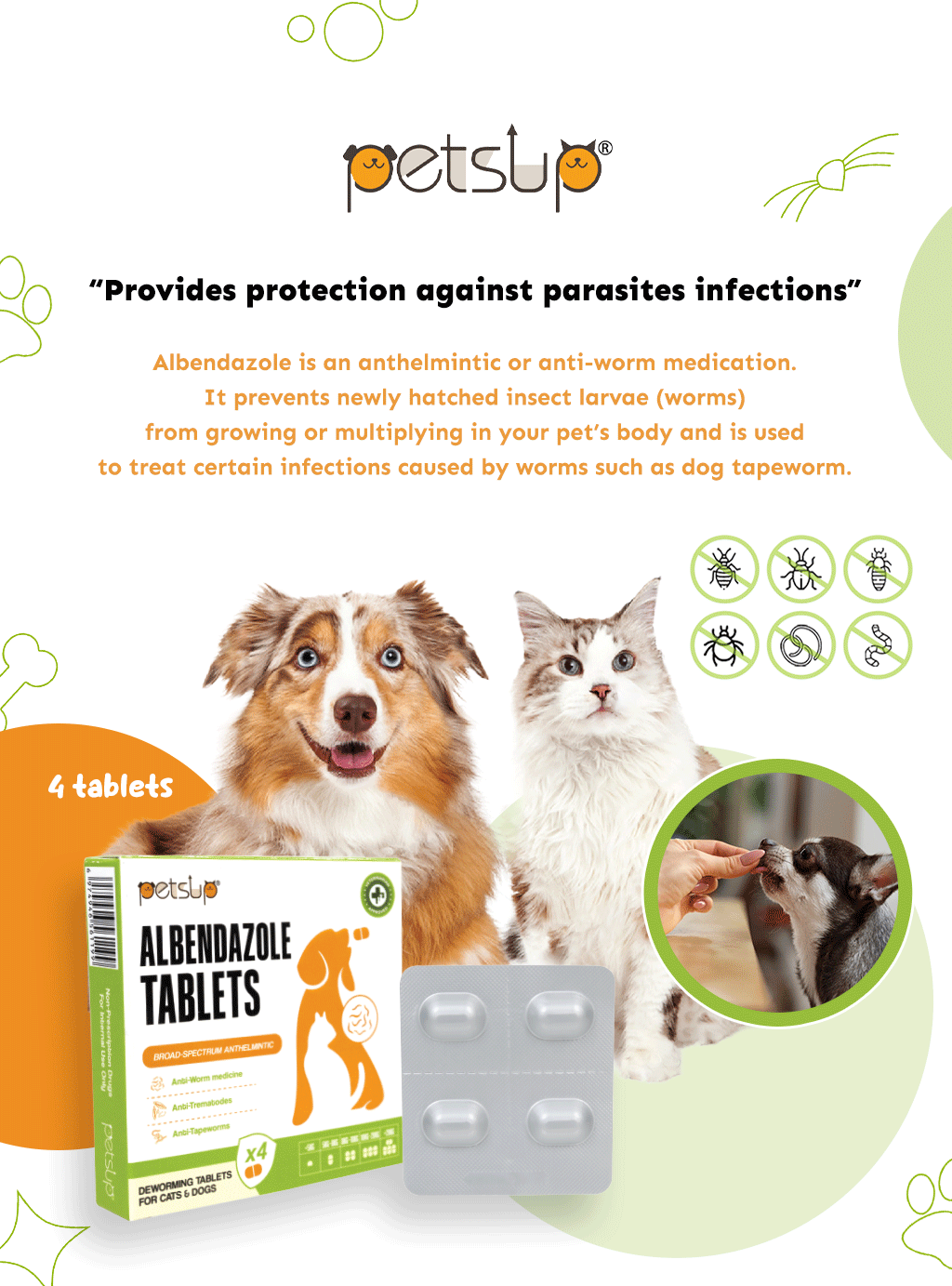 Petsup Pet Albendazole Deworming Tablet Nematocide Worm Rid Heartworm ...