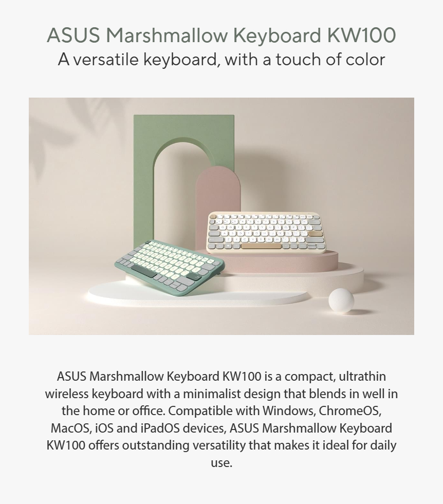 Asus Marshmallow KW100 Bluetooth 5.0 Ultra-Thin Wireless Keyboard - Oat ...