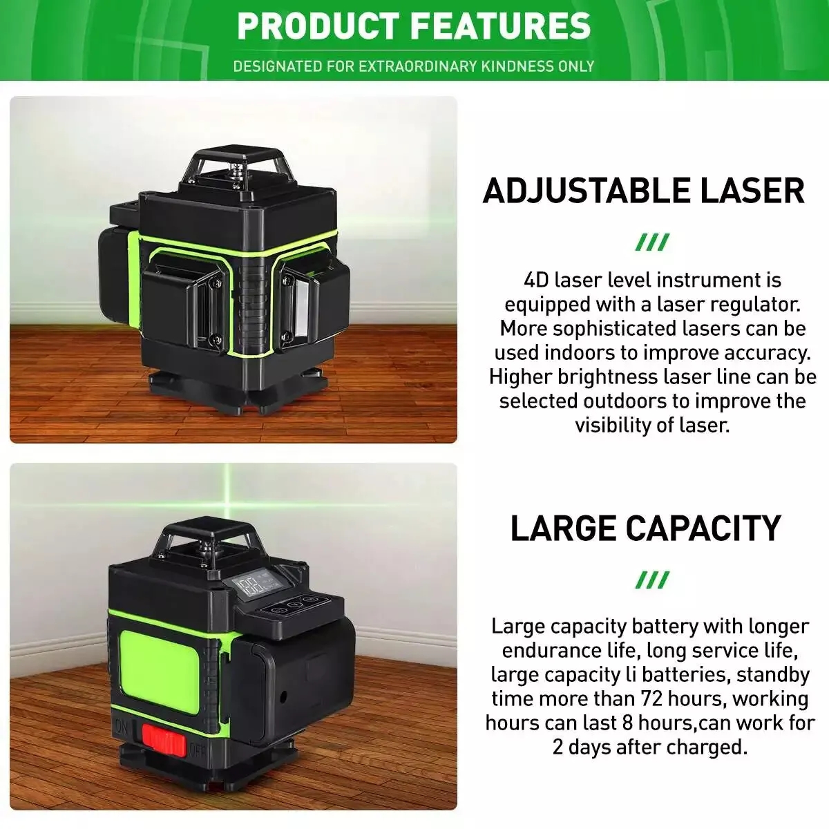 4D Green Light Laser Level with 360° Rotation,16-Line Cross, Self ...