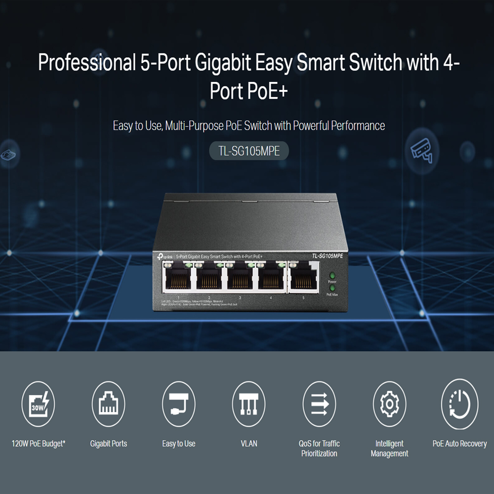 TP-Link 5 Port Gigabit Easy SMART 120W / 65W PoE+ Desktop Network RJ45 ...