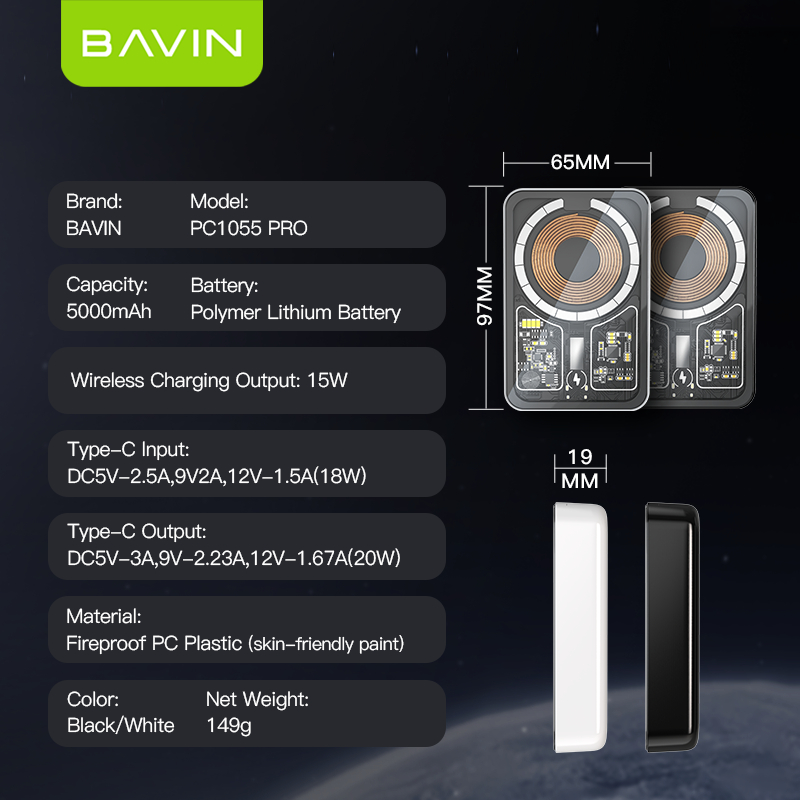 BAVIN PC1055 Pro 5000mAh 20W Wireless Power Bank Magnetic Charging ...