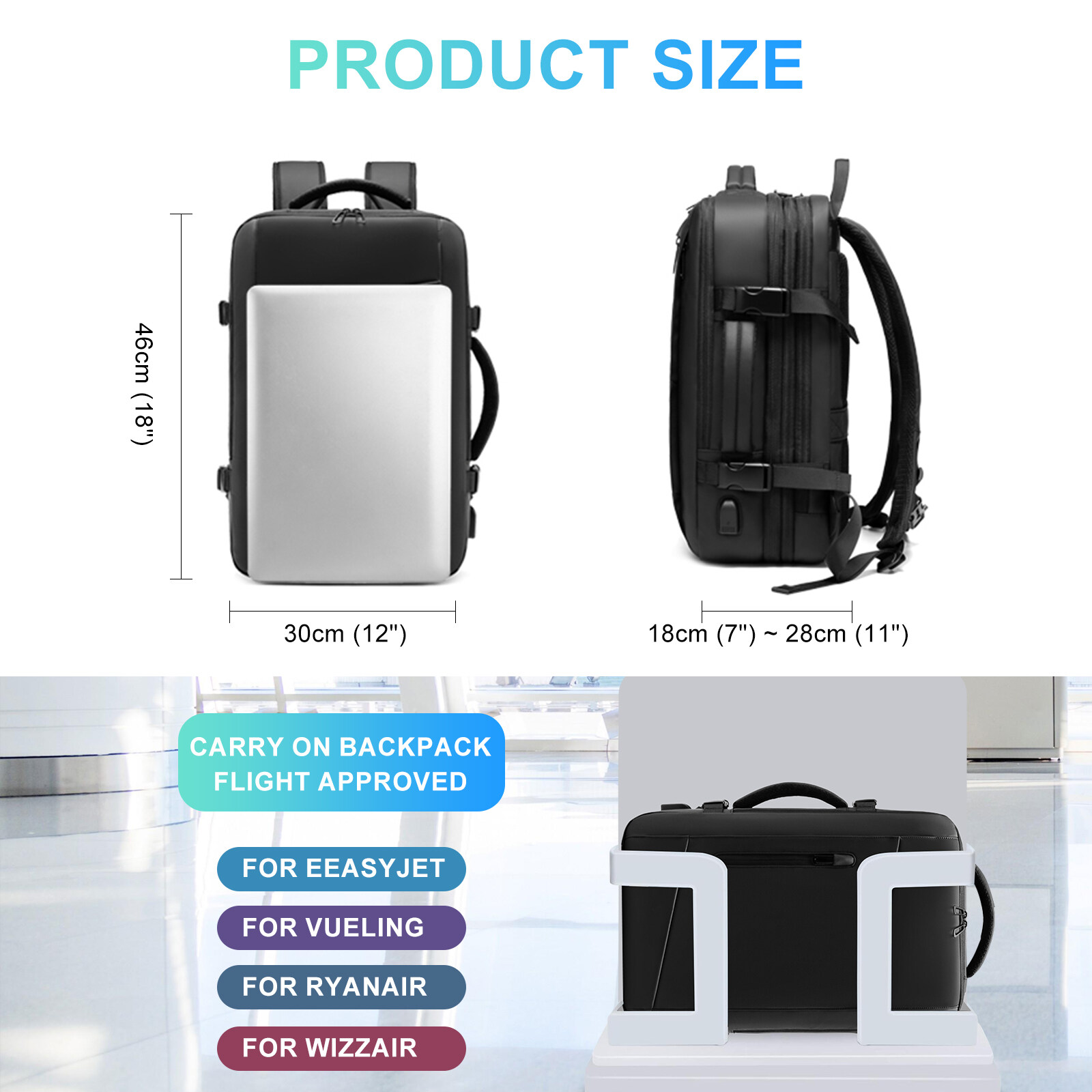 SeaChoice High Quality Black Expandable School Backpack Laptop Bag with ...